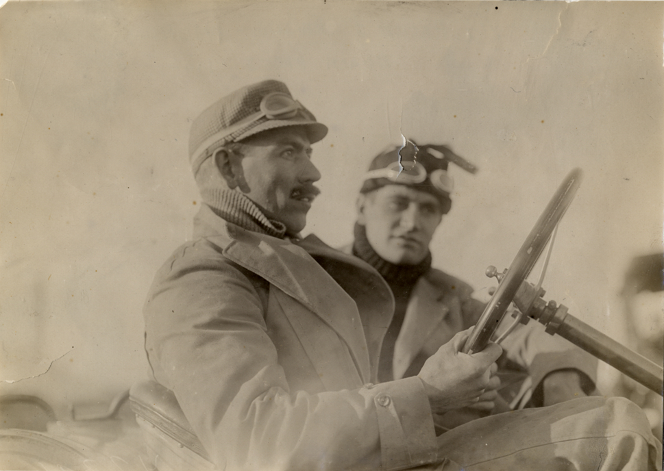 Driver and passenger in racecar, 1908 Brighton Beach races | DPL DAMS