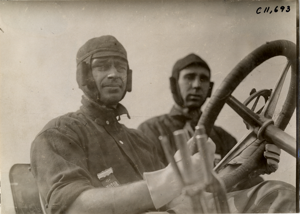 Driver and passenger in racecar, 1908 Brighton Beach races | DPL DAMS