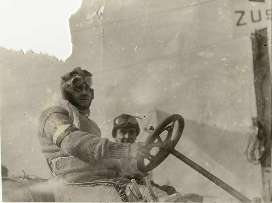 Driver in racecar, 1908 Brighton Beach races | DPL DAMS