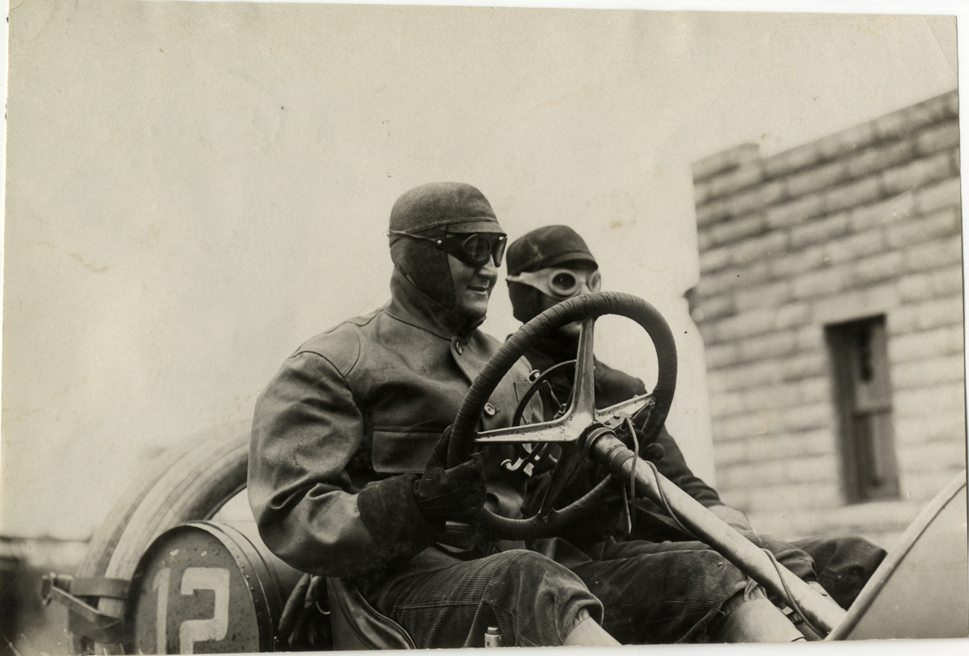 George Salzman and passenger in Thomas racecar, 1908 Vanderbilt Cup ...