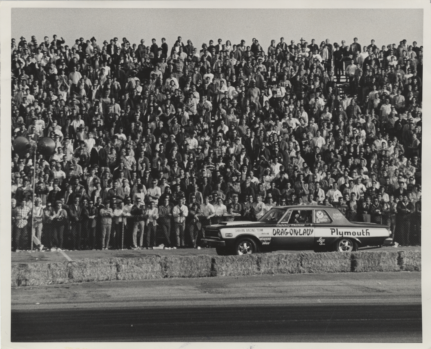 Shirley Shahan driving 1965 Plymouth drag racing car | DPL DAMS