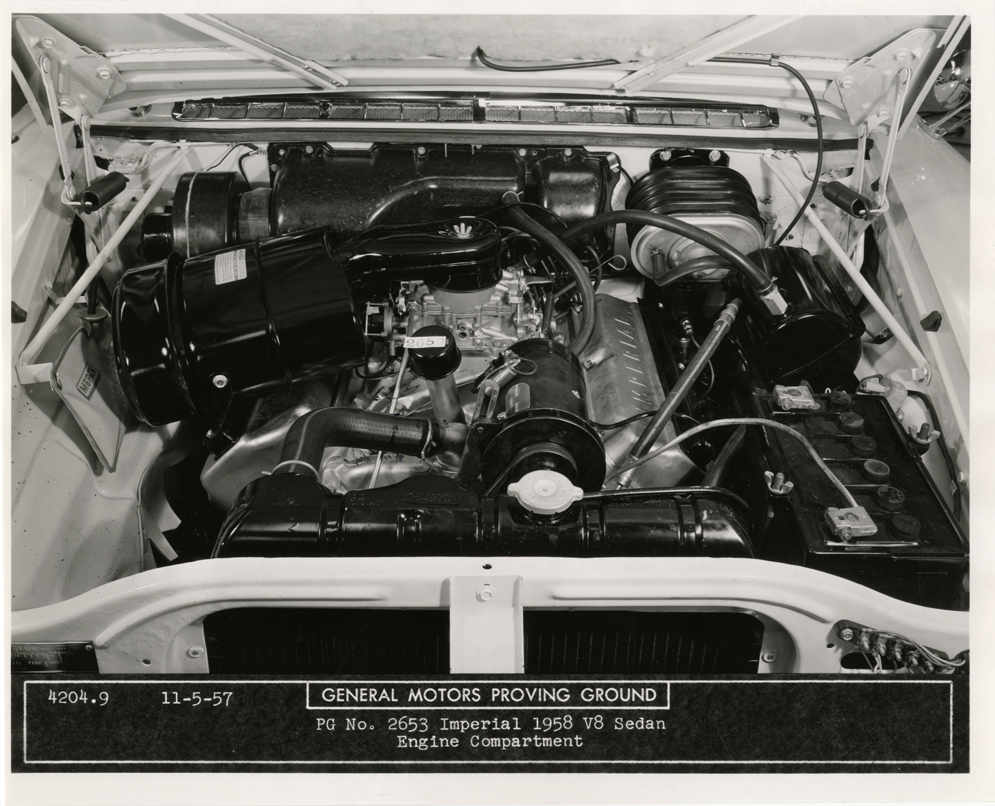 Engine compartment, 1958 Imperial V8 automobile | DPL DAMS