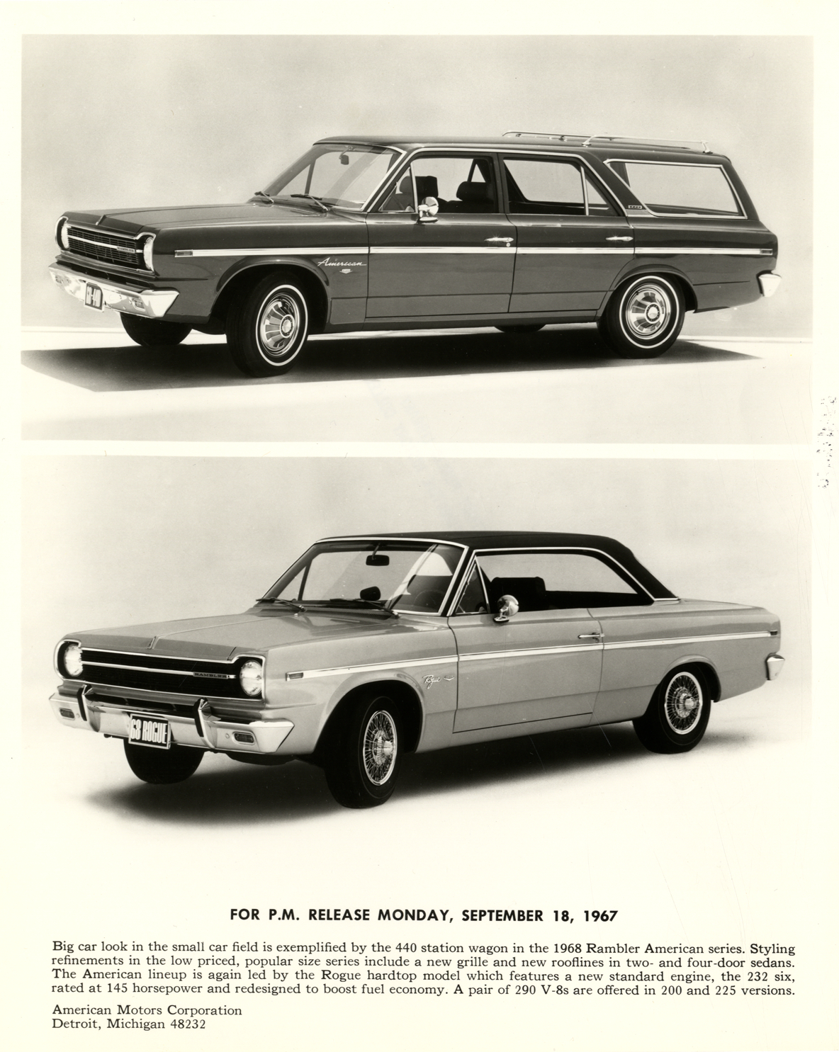 1968 AMC Rambler American station wagon and Rambler Rogue automobile ...