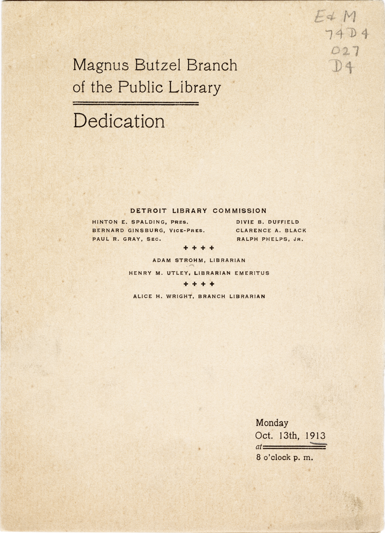 Dedication program, Butzel Branch, Detroit Public Library | DPL DAMS