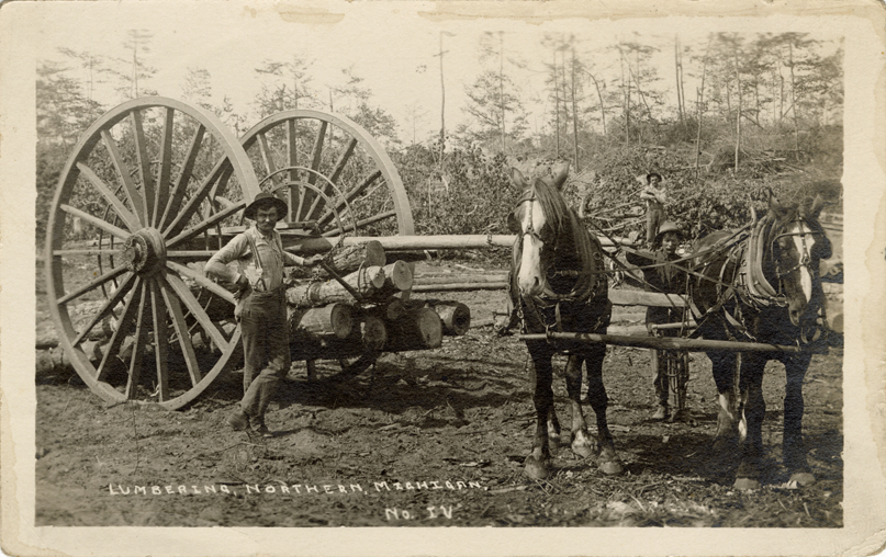 Men posing with horse-drawn logging wheels, Michigan | DPL DAMS