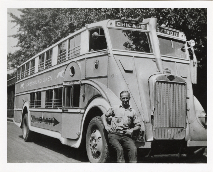 Man posing with Pickwick Stages Duplex bus, Greyhound Lines "Golden ...