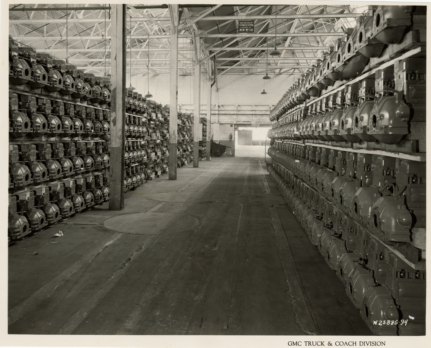 Engine storage in basement, Plant 3, GMC Truck & Coach Division factory ...