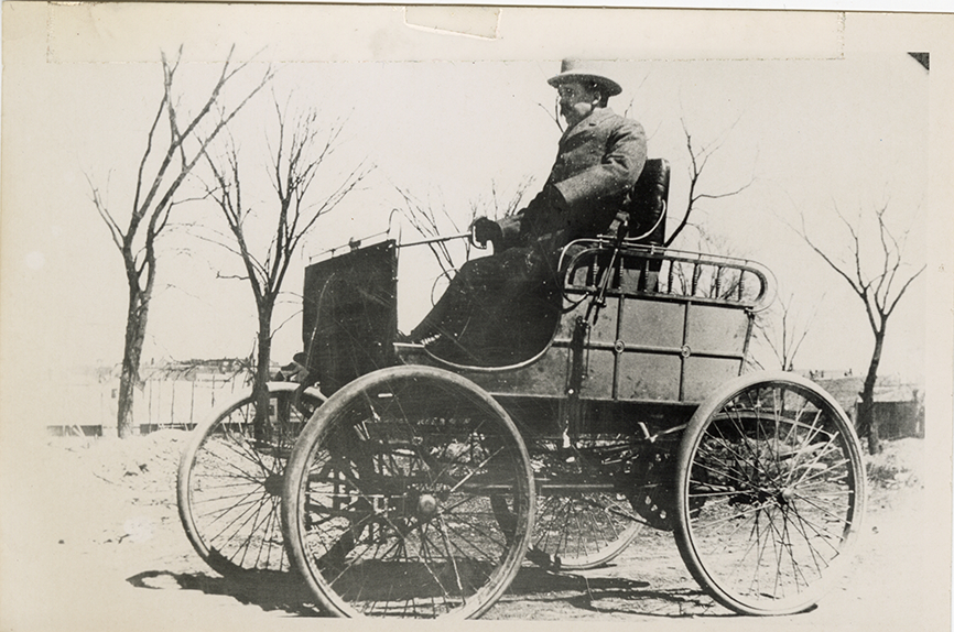 Motorist posing in 1898 Worthley automobile | DPL DAMS