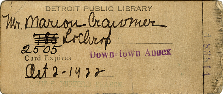 Detroit Public Library card issued to Marion Crawmer | DPL DAMS